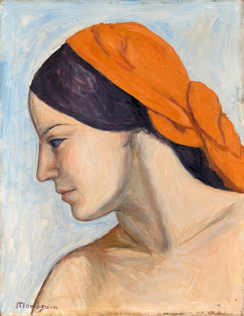 Simon Mondzain | Portrait de femme au foulard orange | MutualArt