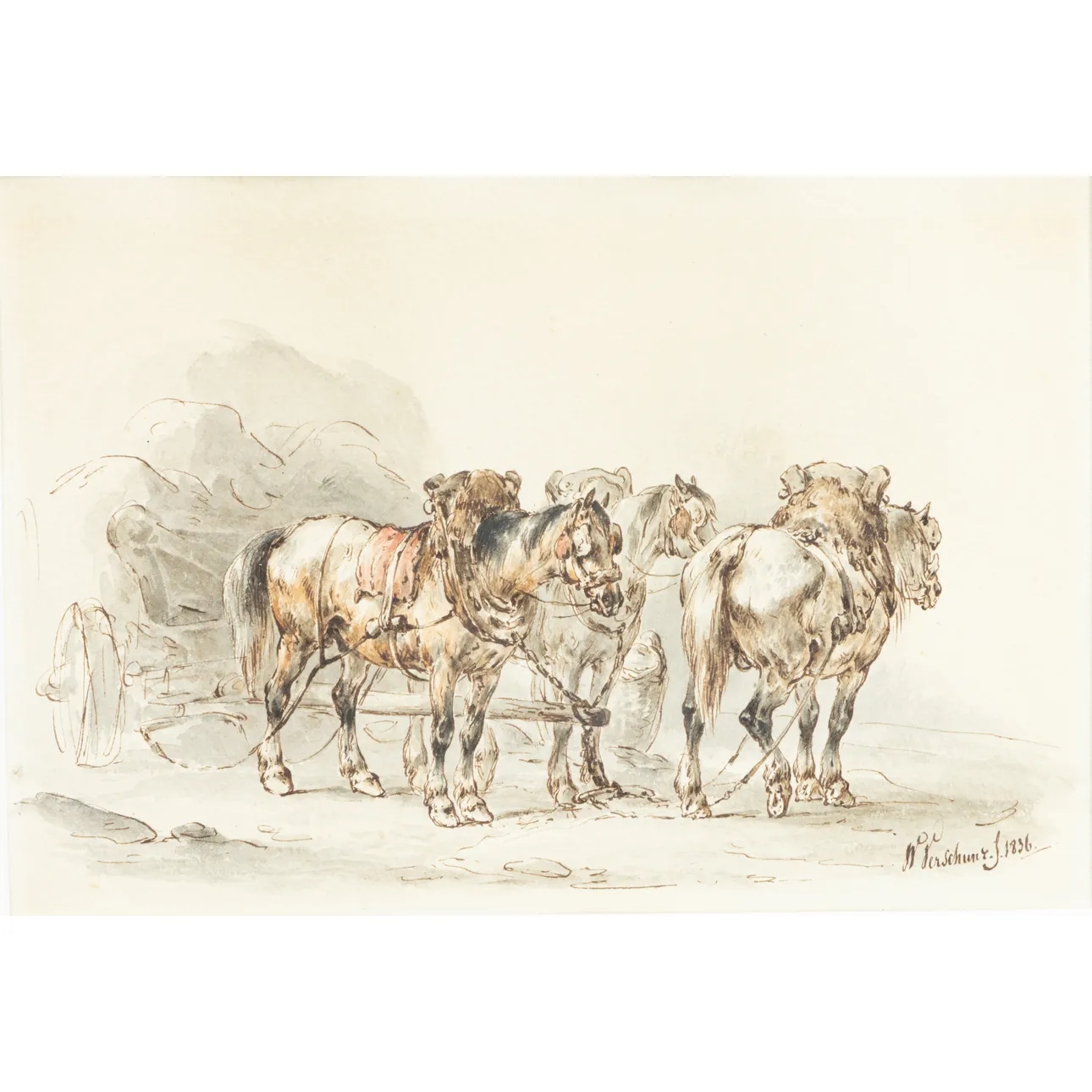 Wouterus Verschuur | Paardenkar met drie paarden (1836) | MutualArt