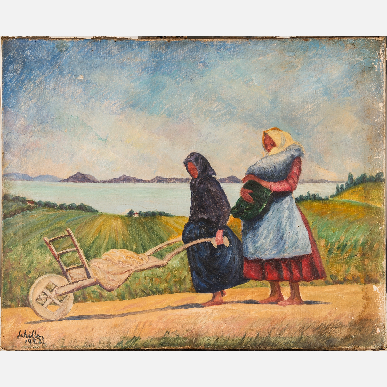 Gejza Schiller | Two farmer women carrying hay | MutualArt