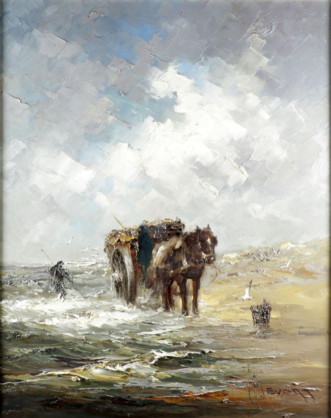 Jan Bévort | Schelpenvisser met paard en wagen op het strand | MutualArt