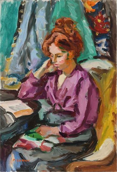Pierre Cornu | Portrait of Janet with a purple blouse | MutualArt