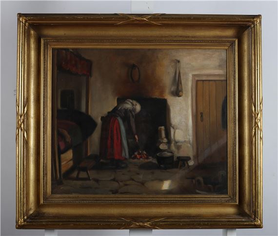 William Crampton Gore | Cottage Interior with Figure by a Fire (19th ...