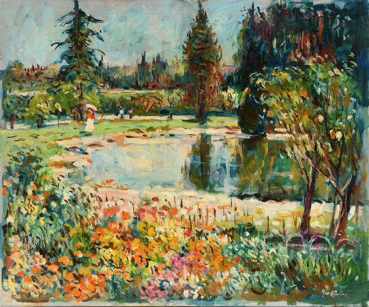 Max Agostini | Young woman with a parasol near the pond | MutualArt
