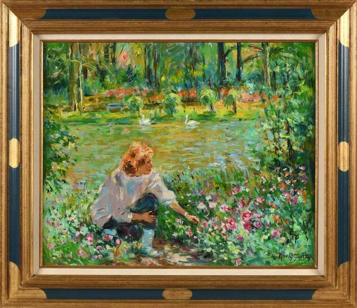 Max Agostini | Young woman and two swans by the lake | MutualArt