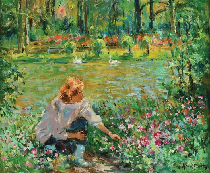 Max Agostini | Young woman and two swans by the lake | MutualArt