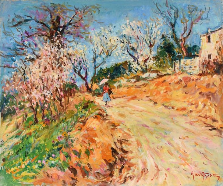 Max Agostini | Young woman with a parasol on the almond tree path ...