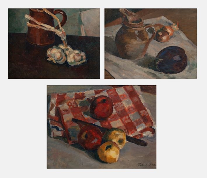 Louis Claude | Set of three still lifes. One with onions and eggplants ...