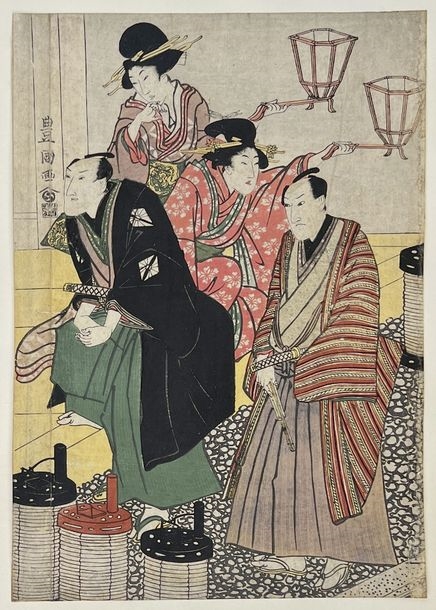Utagawa Toyokuni | Triptych oban tate-e, Samurai arriving at night in a ...