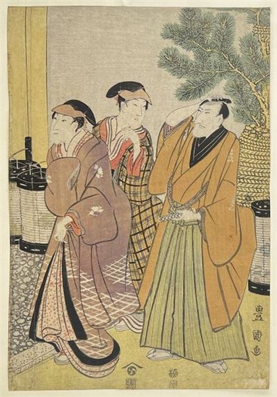 Utagawa Toyokuni | Triptych oban tate-e, Samurai arriving at night in a ...