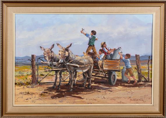 Andre de Beer | children and donkey cart (1991) | MutualArt