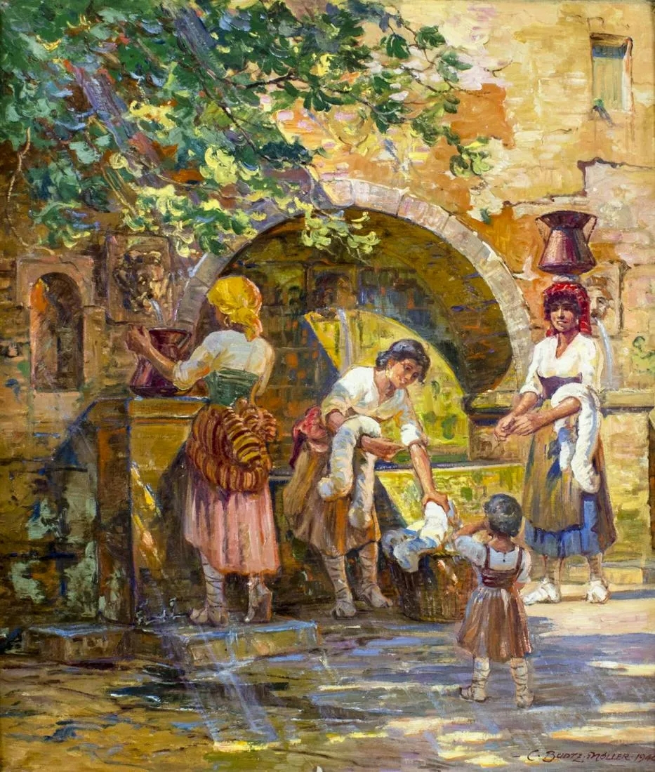 Carl Budtz-Moller | Sicilian women Doing Laundry (1940) | MutualArt