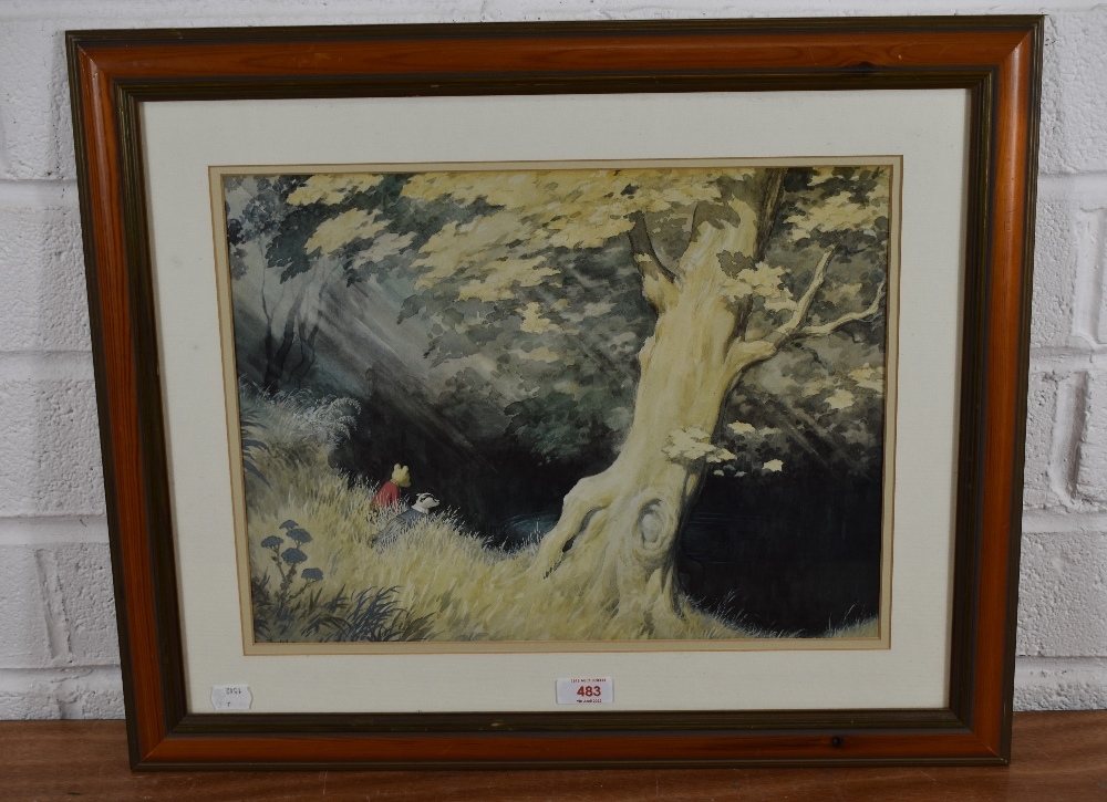 Alfred Edmeades Bestall | Rupert and Bill Badger peering over the river ...