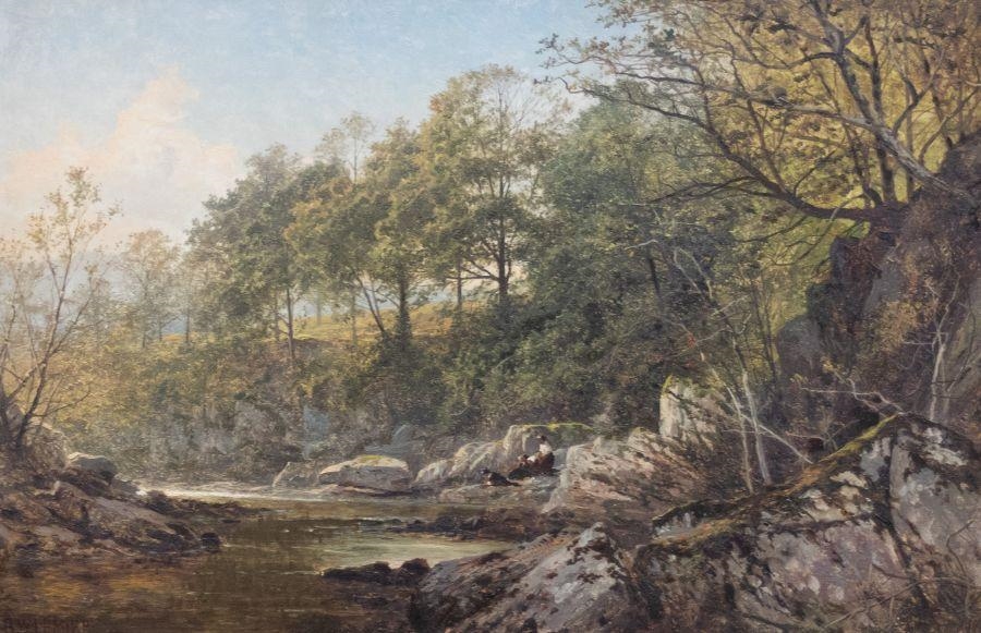 Benjamin Williams Leader | Benjamin W Leader RA (1831-1923) River landscape with figures at rock ...
