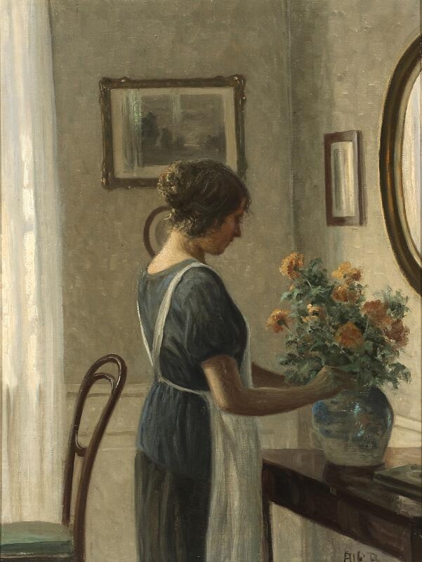 Karl Harald Alfred Broge | Interior with a maid arranging flowers ...