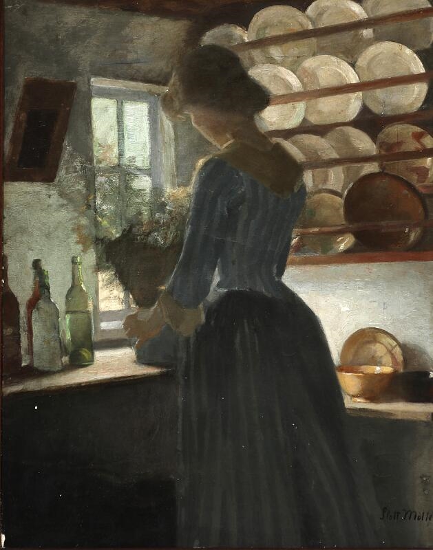 Harald Slott-Møller | A young woman arranging flowers in the kitchen ...