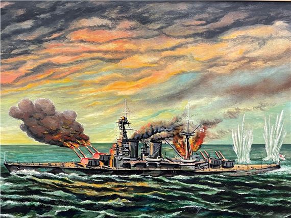 R. A. Mew | WW2 BATTLE HMS BATTLESHIP HOOD OIL PAINTING (20th Century ...