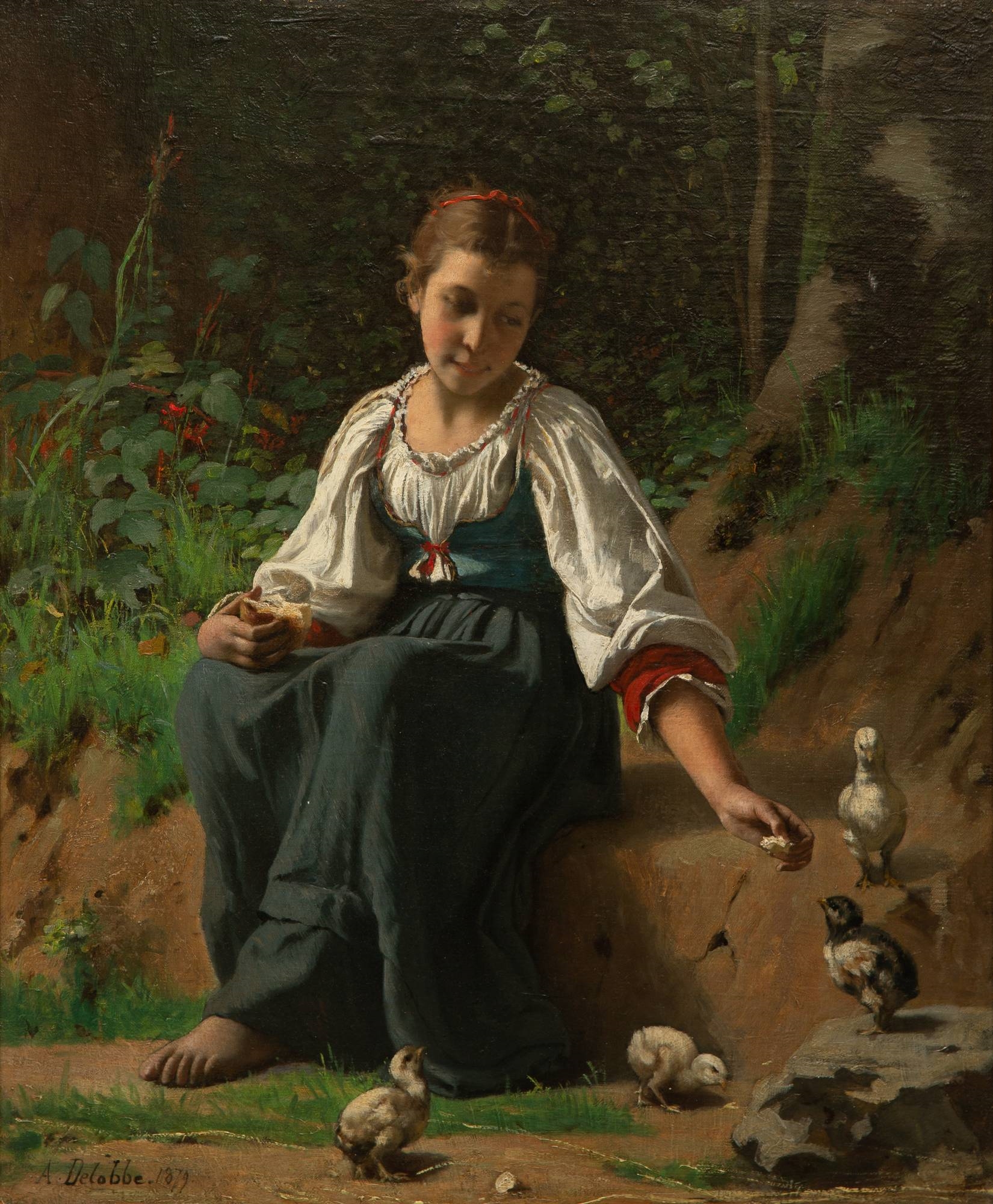 François-Alfred Delobbe | Girl Feeding Baby Chicks (1879) | MutualArt