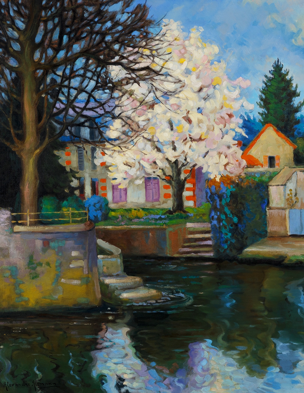 Alexandre Altmann | Uferstück mit Villa und blühendem Magnolienbaum ...