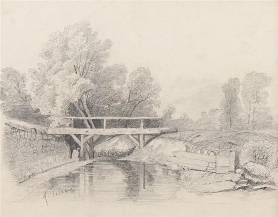 Alexandre Calame | Bridge at the river's edge | MutualArt