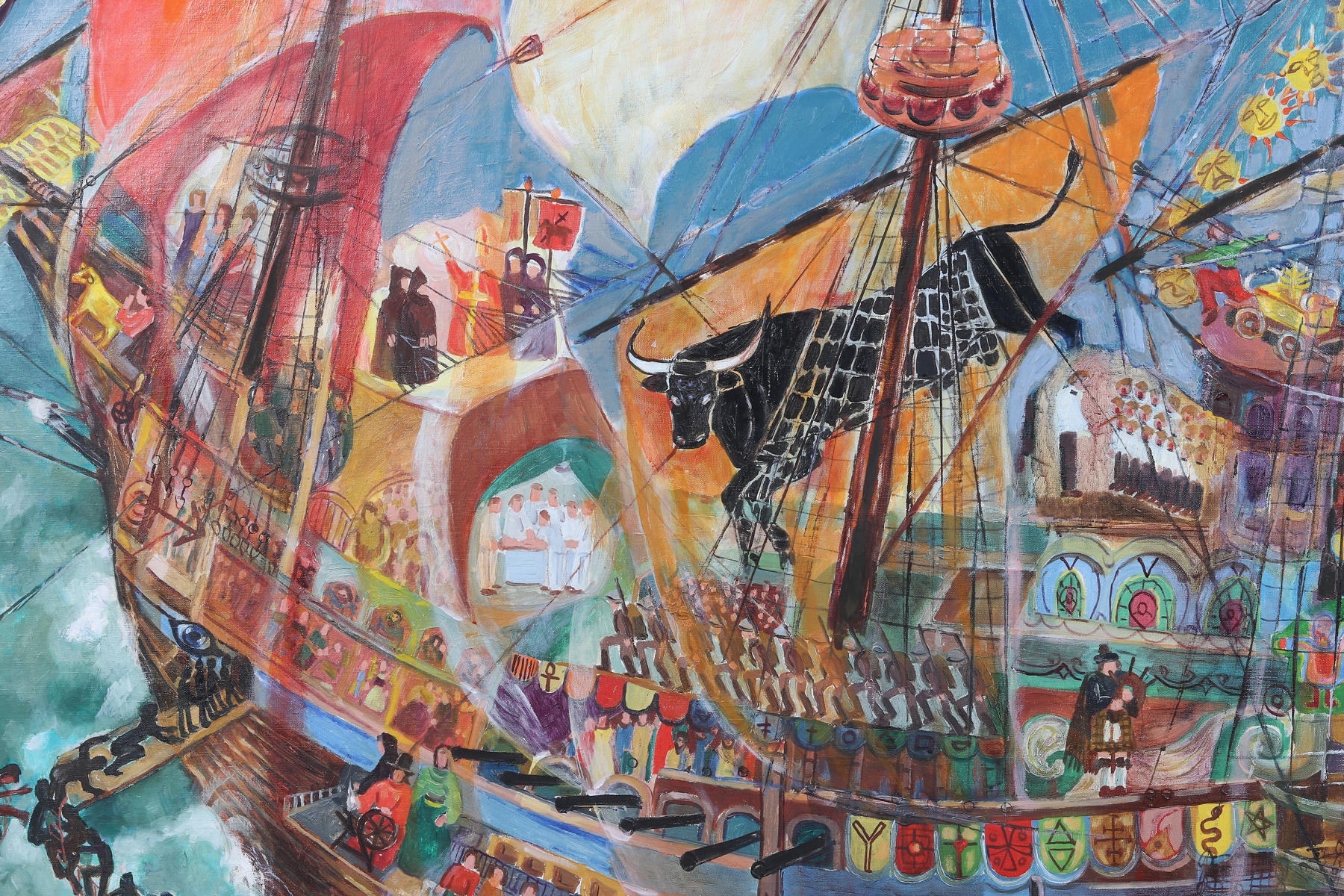 June Montana Lorentz | Komposition med figurer på segelfartyg | MutualArt
