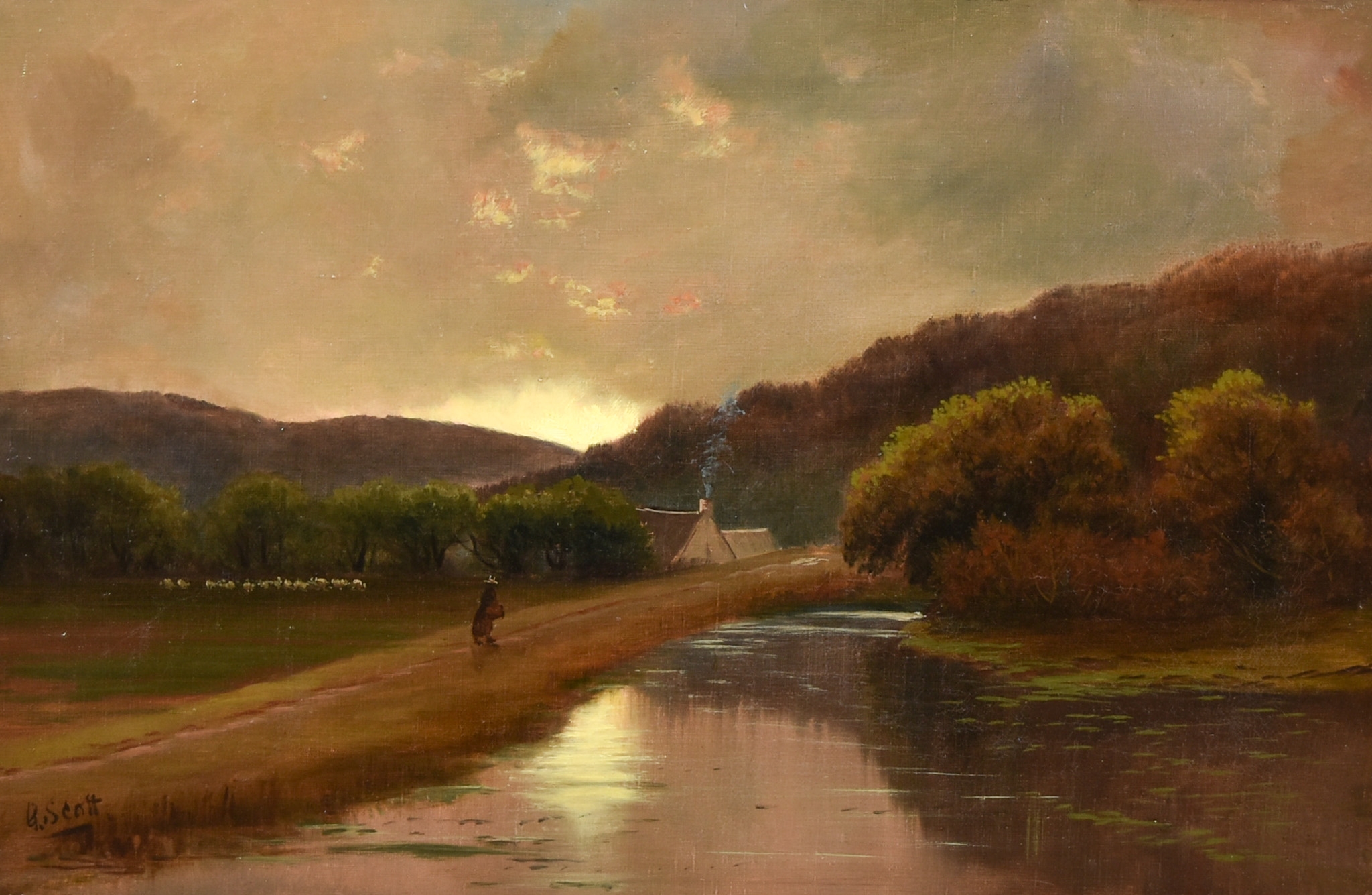 G. Scott | Rural river landscape with figure and cottage | MutualArt