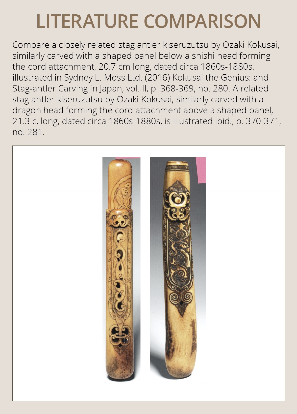 Ozaki Kokusai | A STAG ANTLER KISERUZUTSU DEPICTING A KIRIN AND SHISHI ...