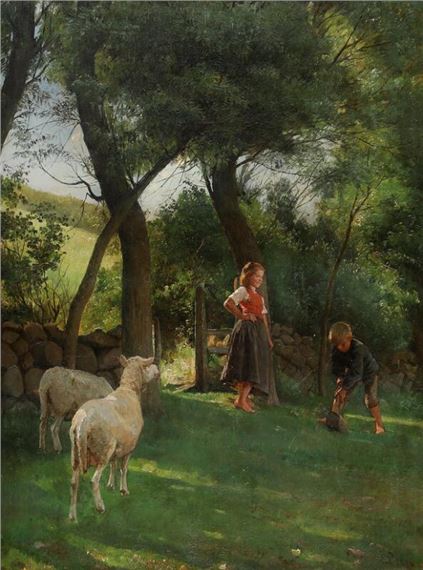 Edvard Petersen | Scenery with two children at a fence (1896) | MutualArt