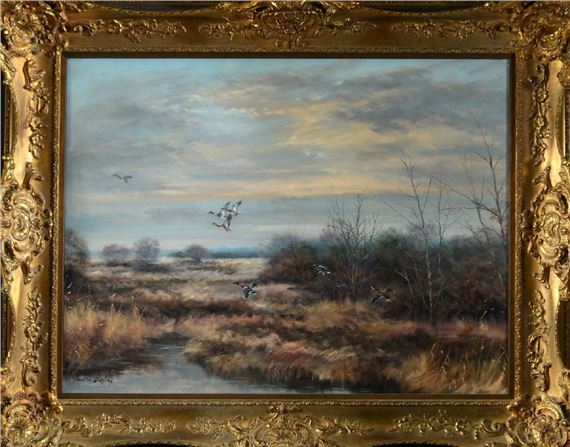 Paul Wilhelm Dahms | Auffliegende Wildenten in abendlicher ...