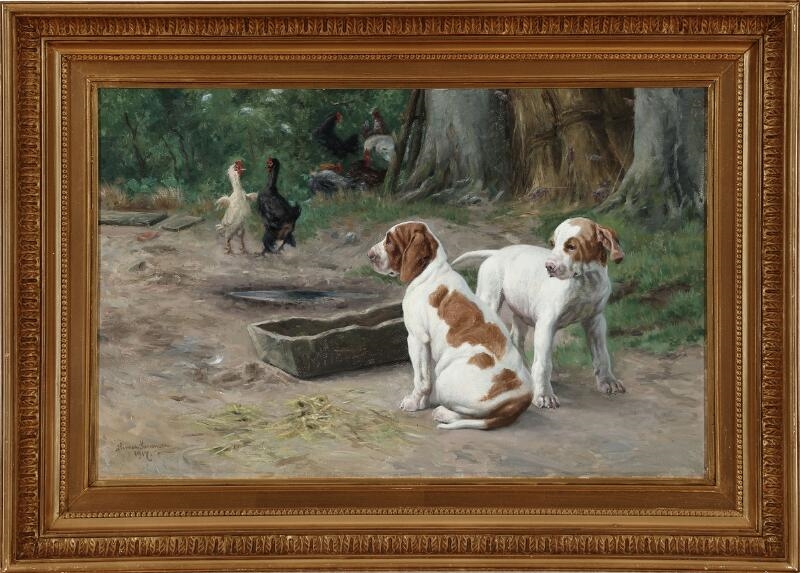 Simon Simonsen | Two pointer puppies and chickens (1917) | MutualArt