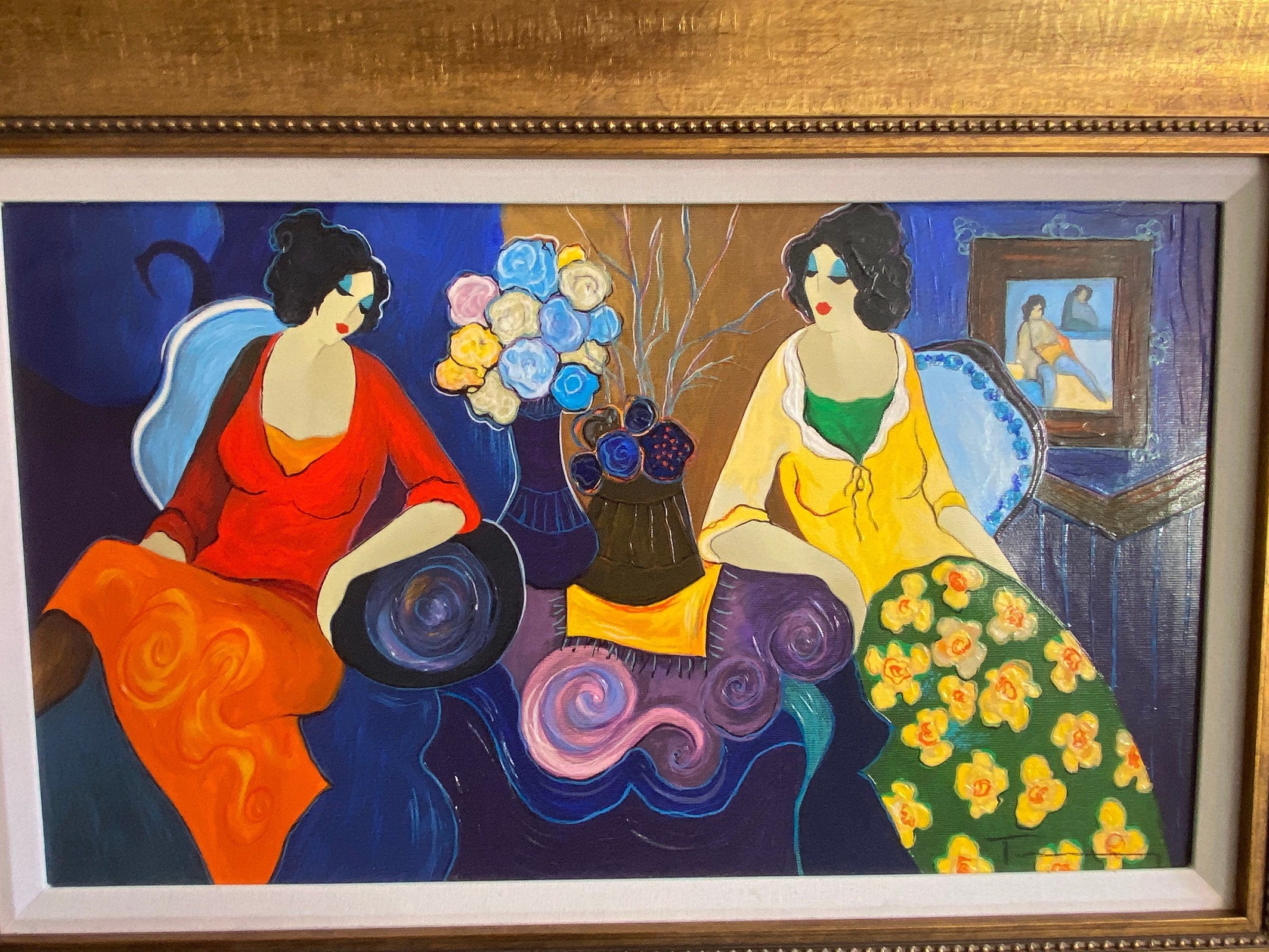 Itzchak Tarkay | Conversation over Flowers | MutualArt