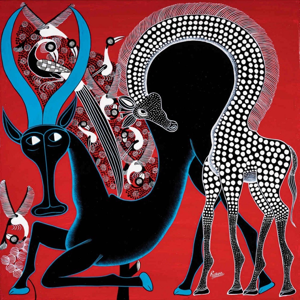Rashidi Rubuni | Wild animals and birds on red I (2010) | MutualArt