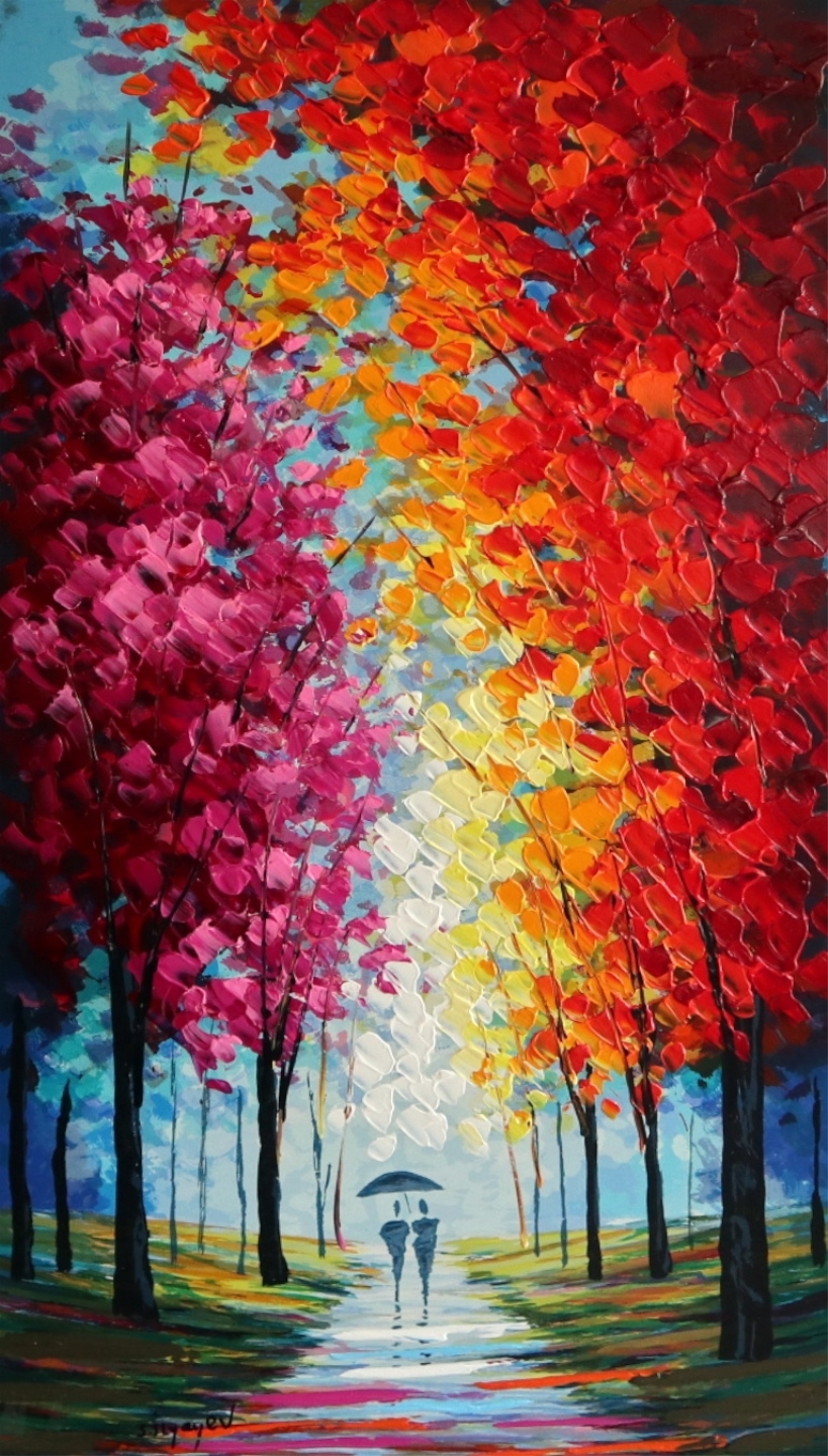 Ilyayev Slava | Depicting an Autumn scene with two people under an ...