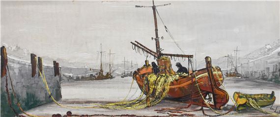 Ben Maile | Mending the nets on a ship in the harbour | MutualArt
