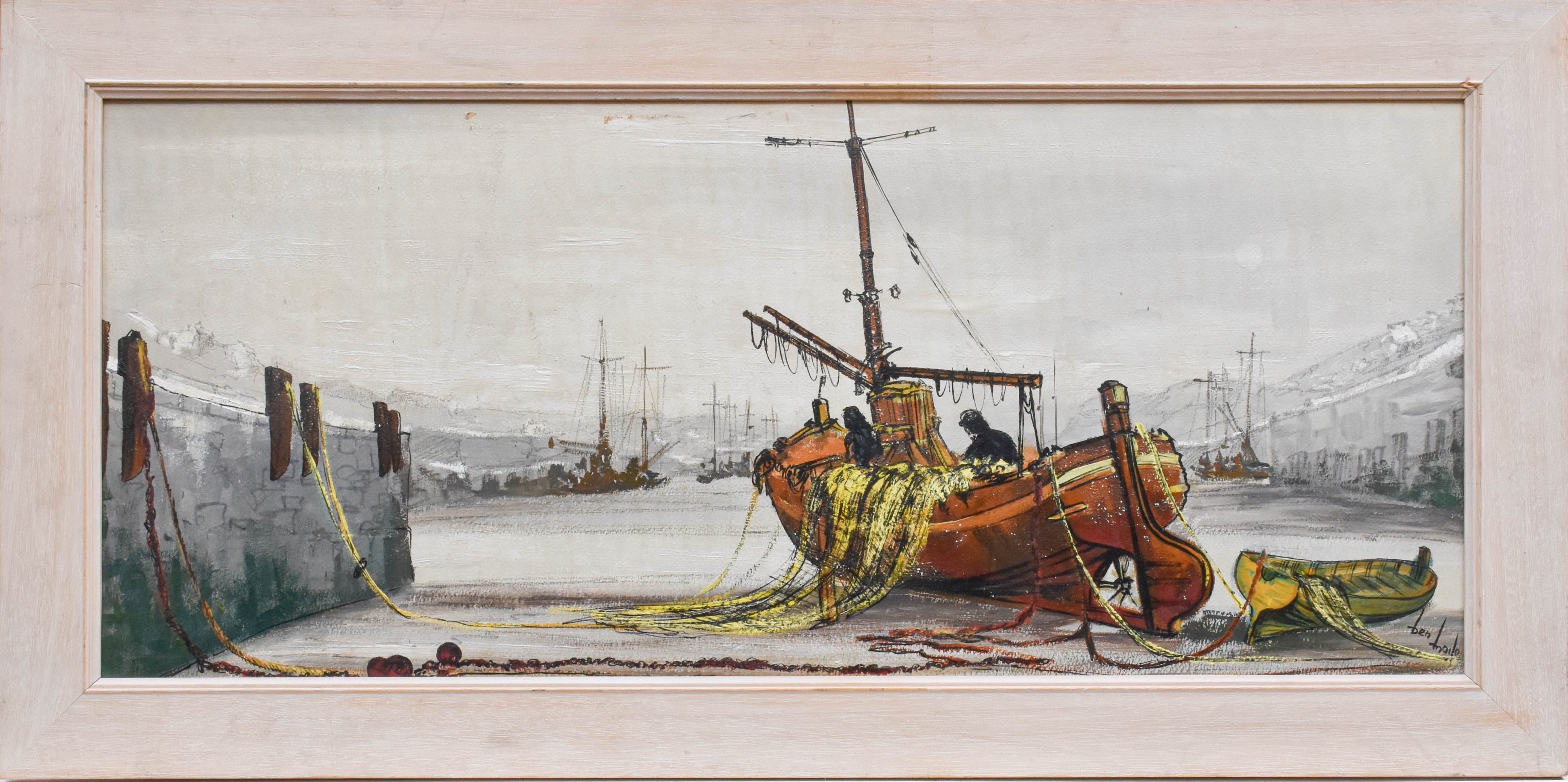 Ben Maile | Mending the nets on a ship in the harbour | MutualArt