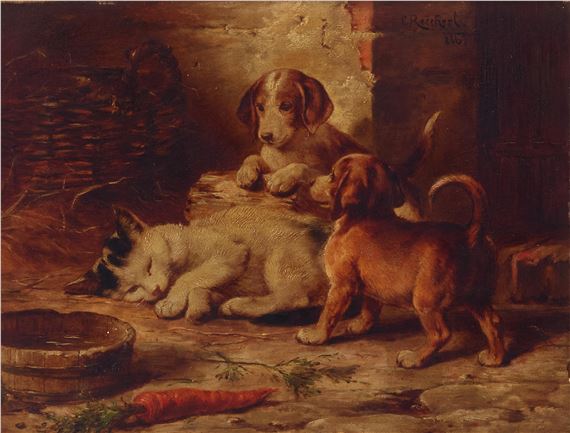 Carl Reichert | A Dog and Four Horses | MutualArt
