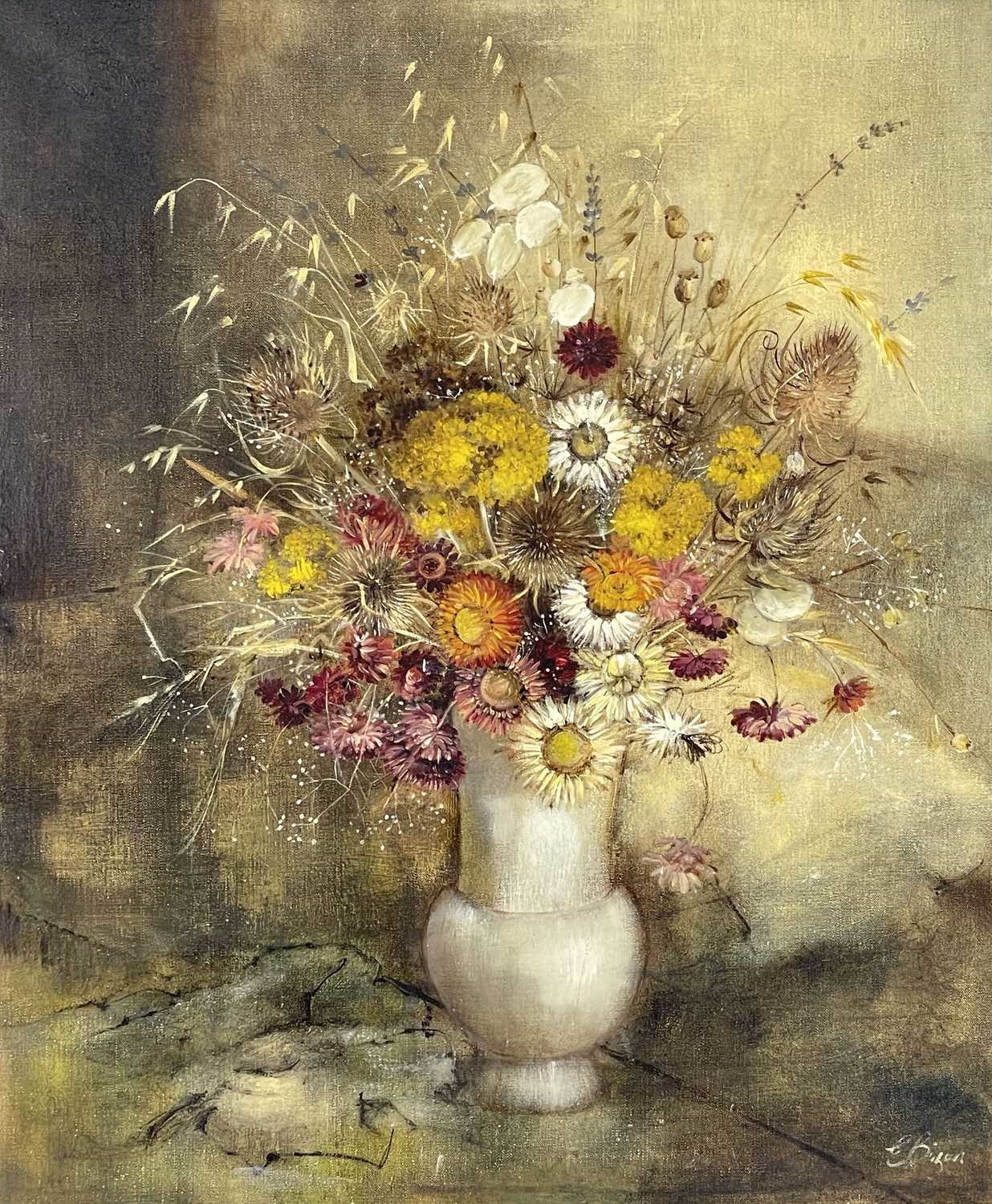 Edna Bizon | still life of dried wildflowers in a white vase | MutualArt