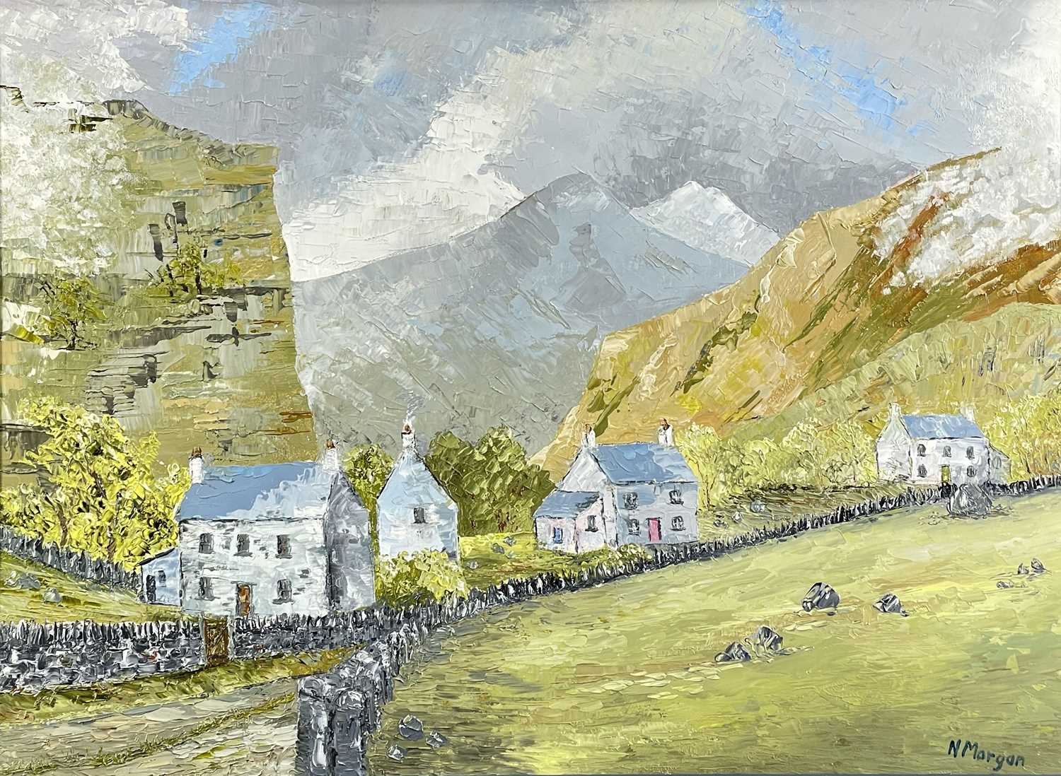 Nigel Morgan | lane with cottages with mountain peaks in background ...