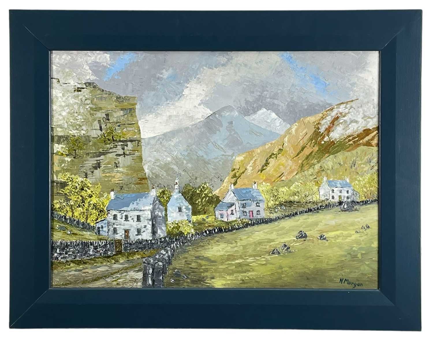 Nigel Morgan | lane with cottages with mountain peaks in background ...
