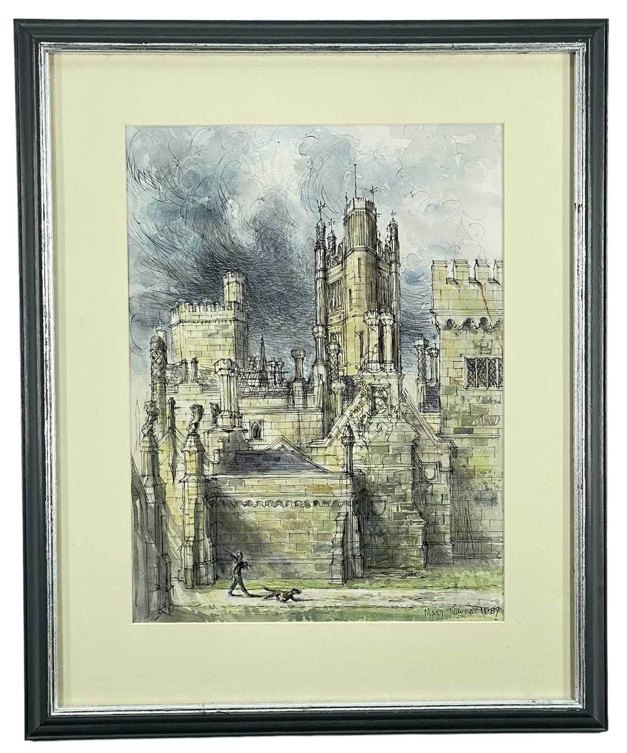 Mary Traynor | figure with dog beside castle wall (1989) | MutualArt