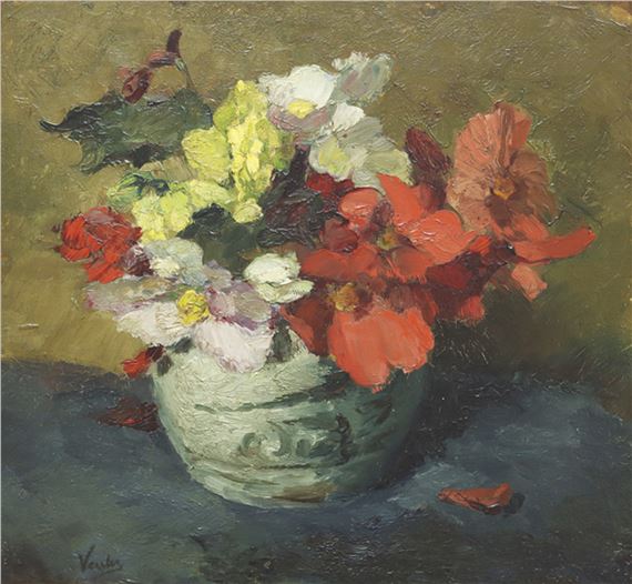 Floris Verster | Verschiedene Blumen in einem bemalten Topf. | MutualArt