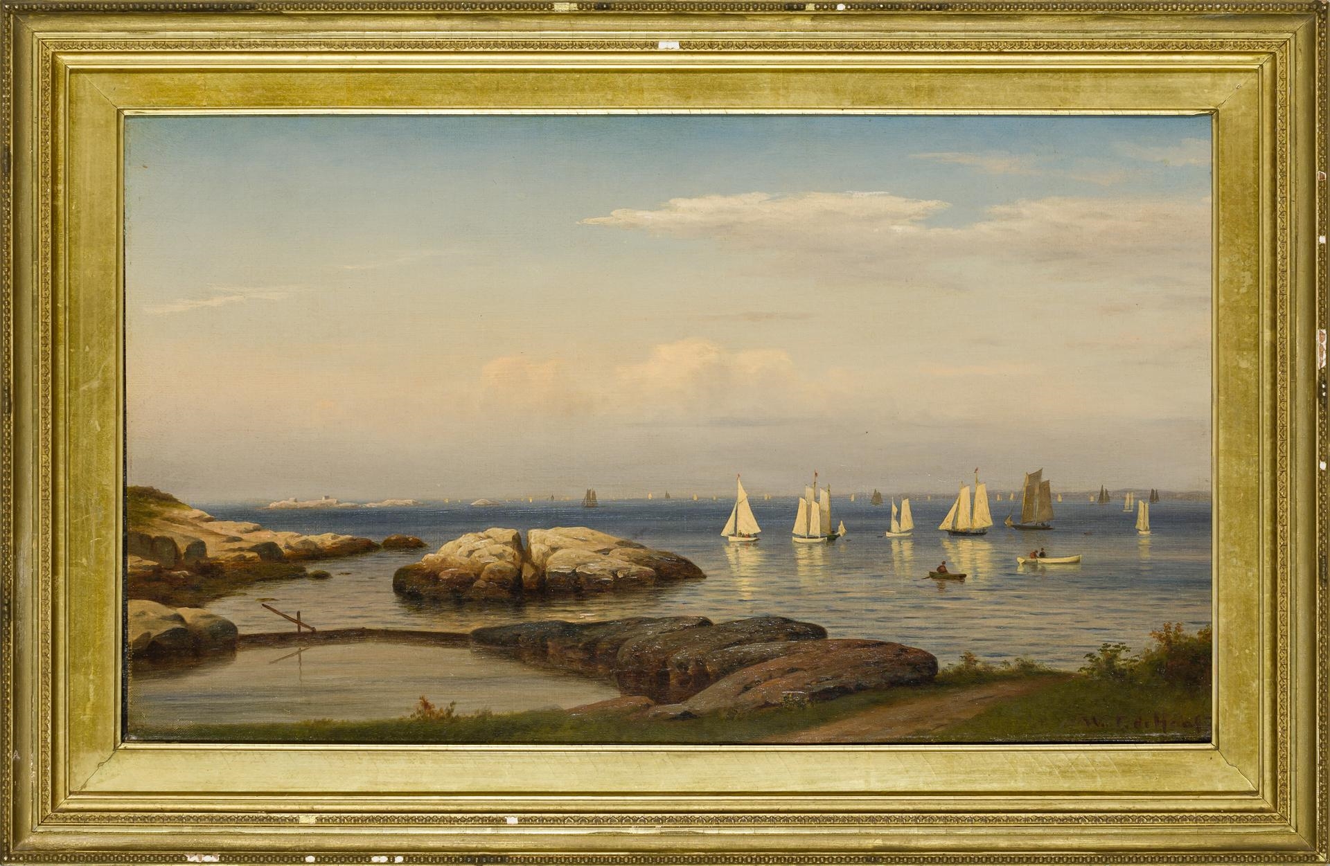 William Frederick De Haas | Sailboats on Gloucester Rocks at Sunset ...