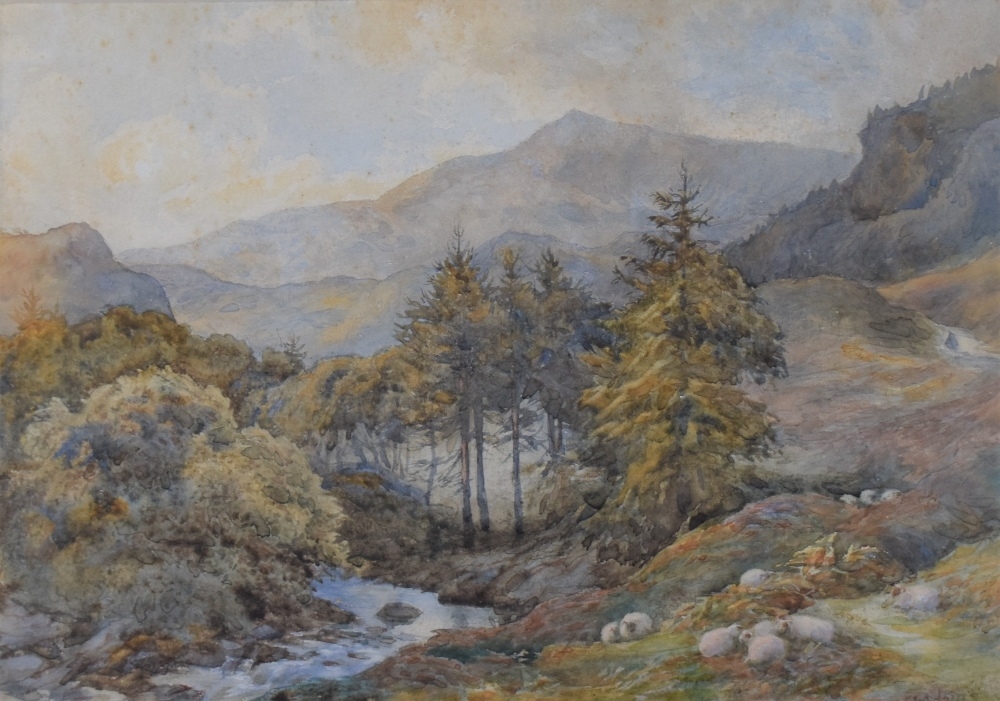 Charles James Adams | Sheep within a mountainous landscape with stream ...