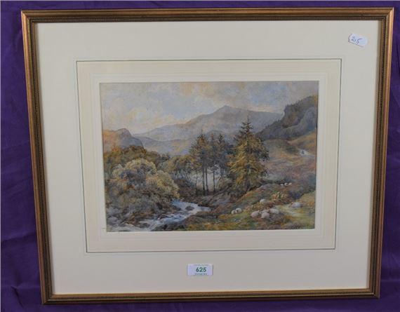 Charles James Adams | Sheep within a mountainous landscape with stream ...