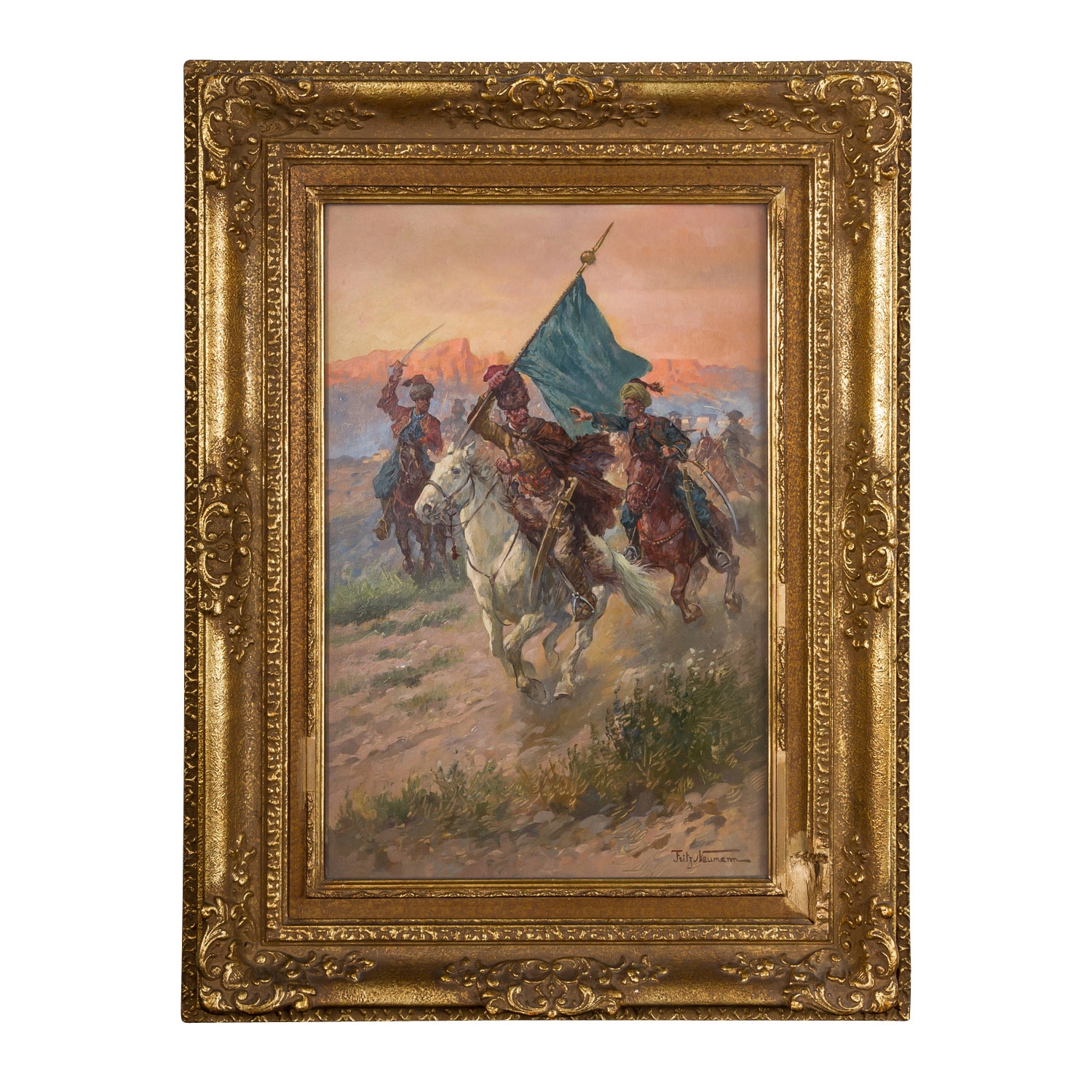 Fritz Neumann | Riding Cossacks with a blue flag | MutualArt