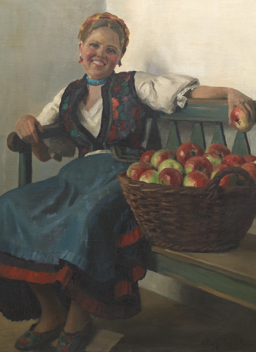 Emil Pap | A girl in a pink dress sewing by the window | MutualArt