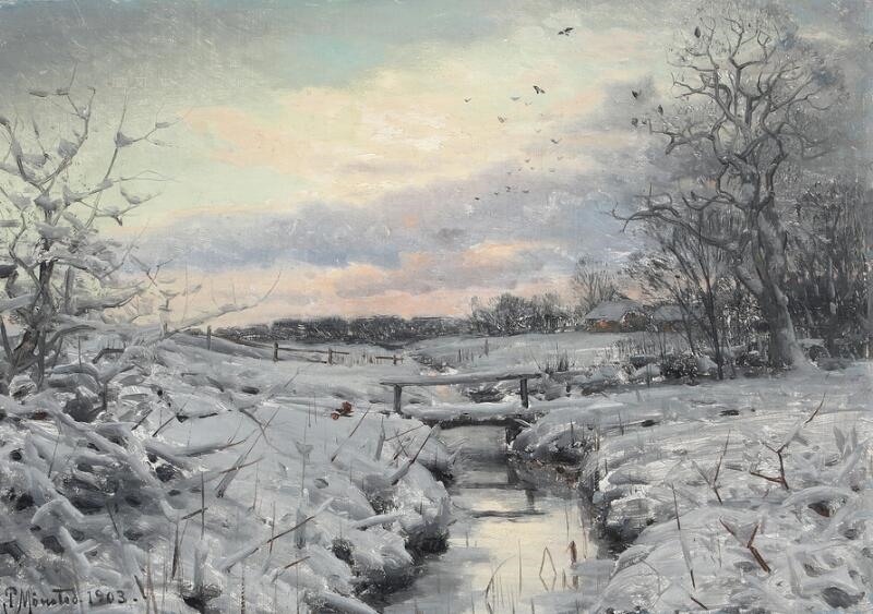 Peder Mork Monsted | Evening light over a snowcovered landscape with a ...