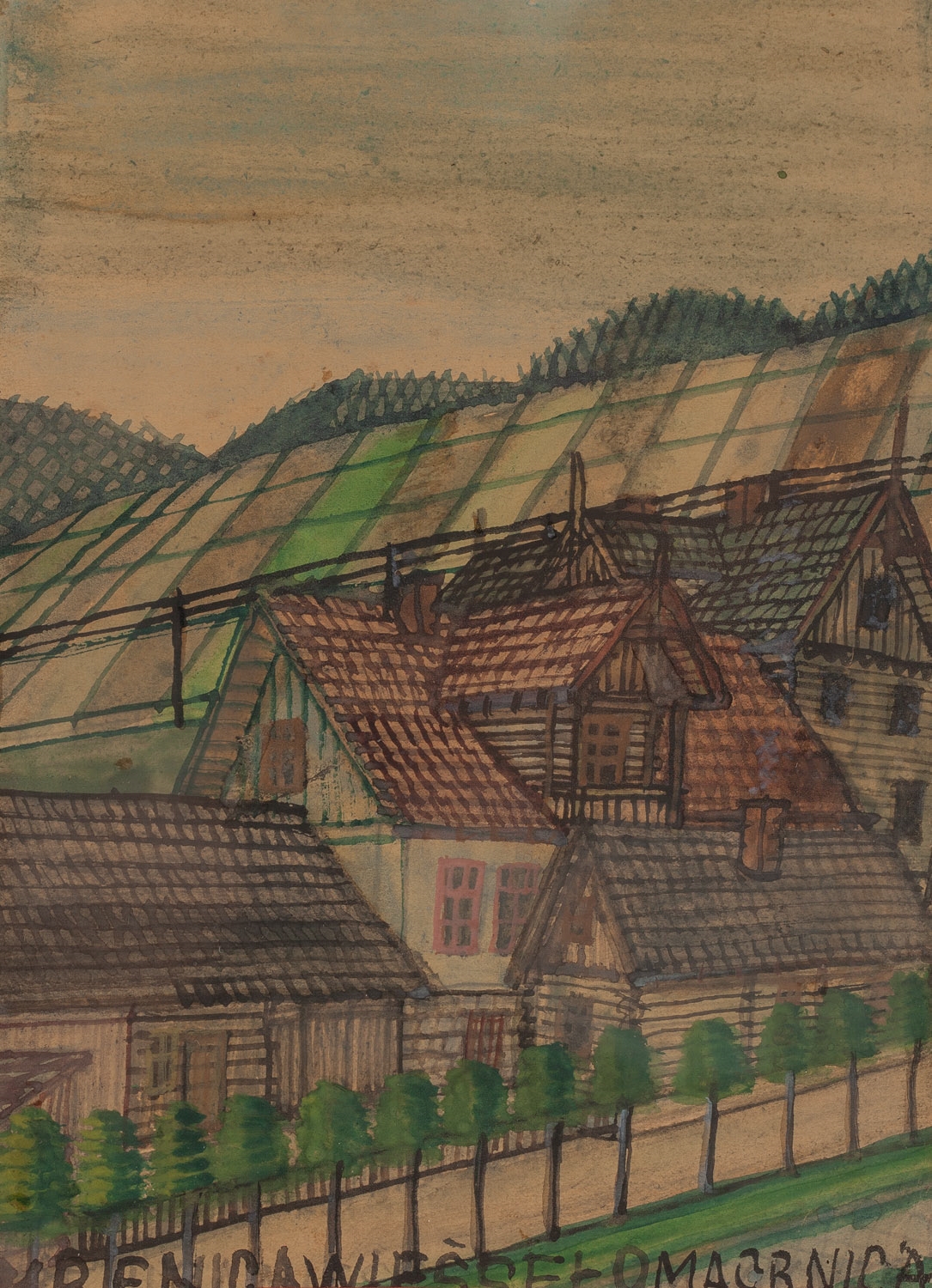 Nikifor Krynicki | Pejzaz z drewniana architektura | MutualArt