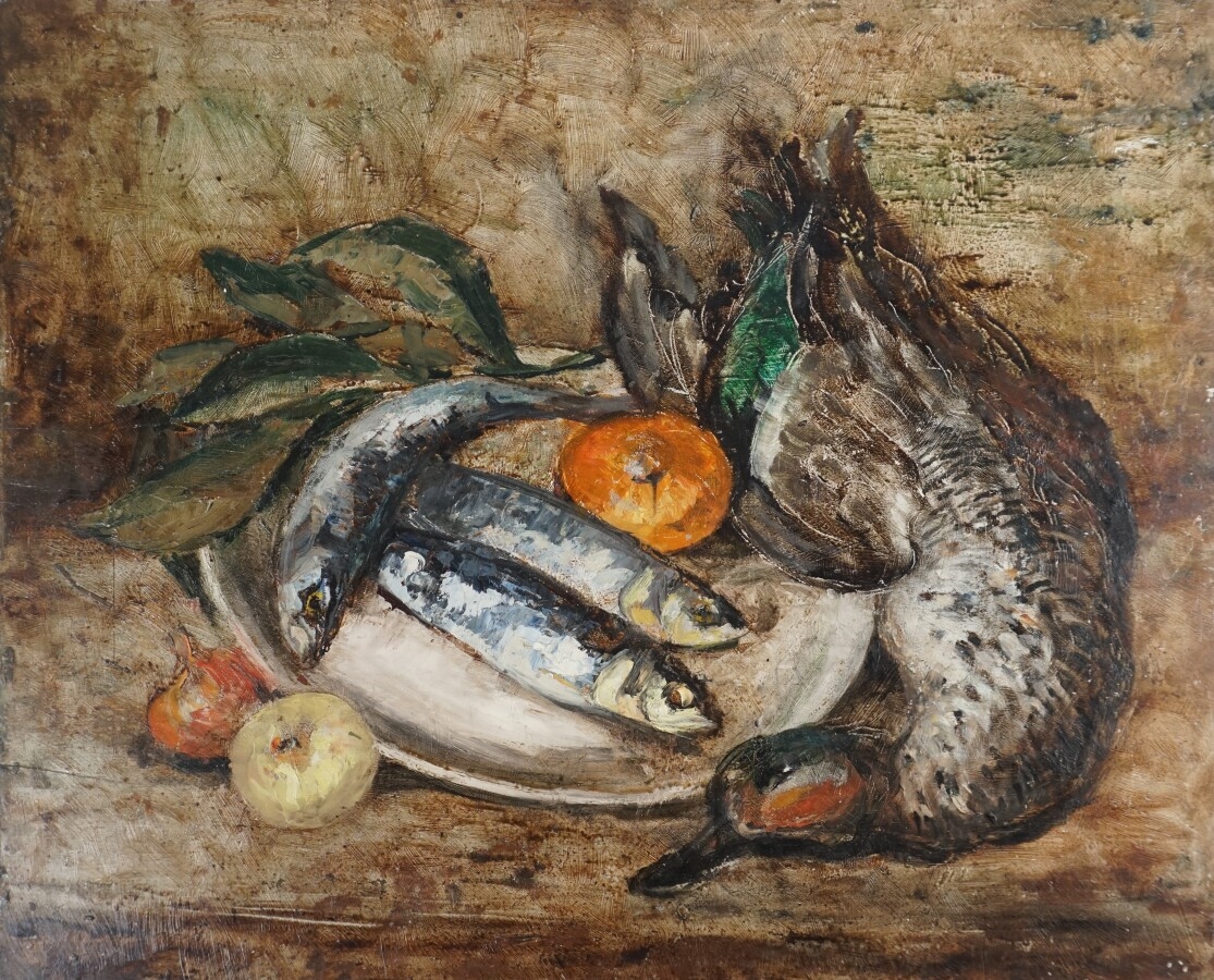 Luc Tullat | Nature morte aux oignons et aux poissons | MutualArt