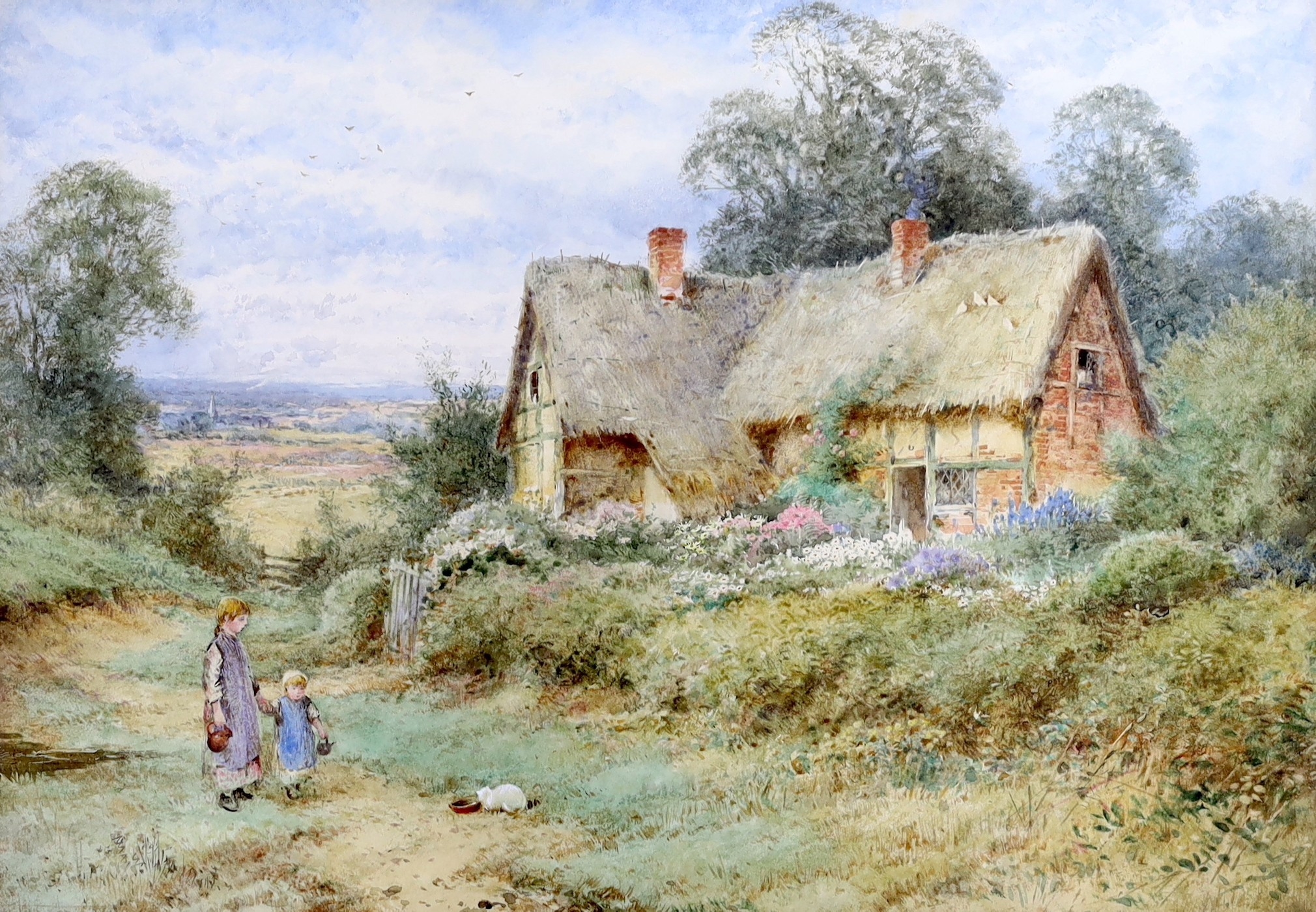 Henry John Sylvester Stannard | Children and white cat beside a thatched cottage | MutualArt