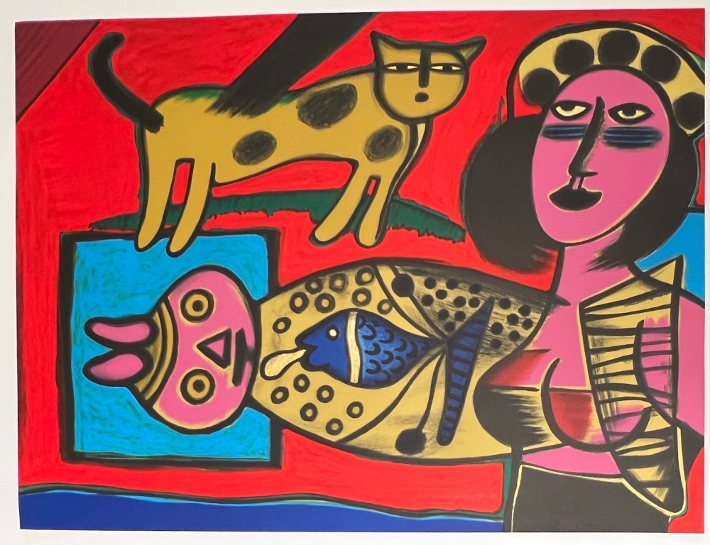 Corneille | Tabby Cat, Woman and Fish (1998) | MutualArt